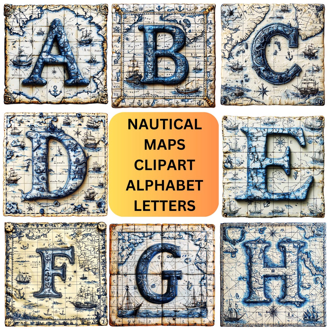 Nautical Map Clipart Alphabet Letters | Vintage Nautical PNG ...