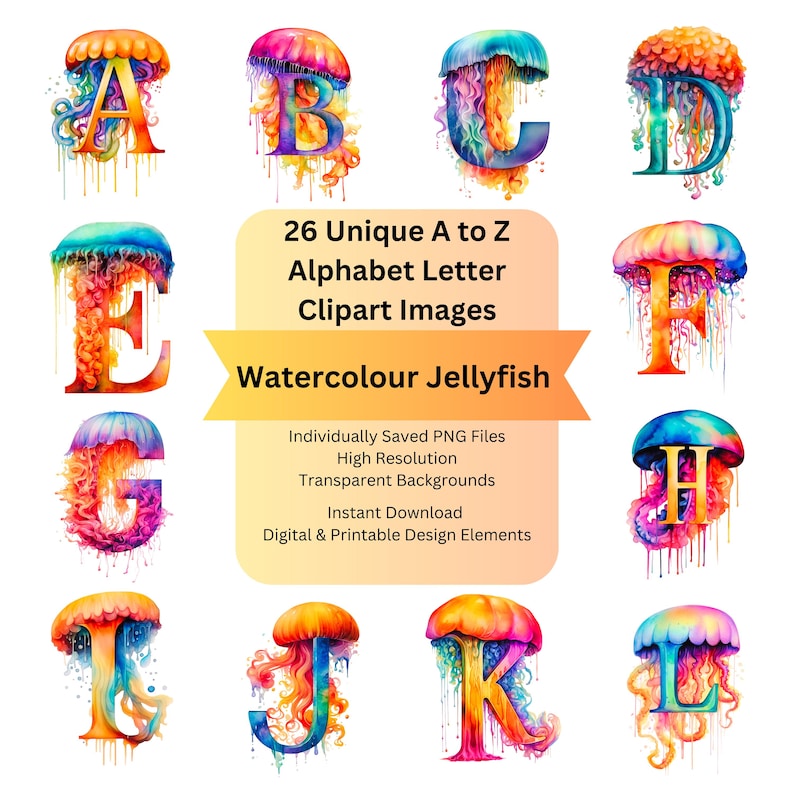 Jellyfish Digital Clipart Alphabet Letters PNG for Under the Sea ...