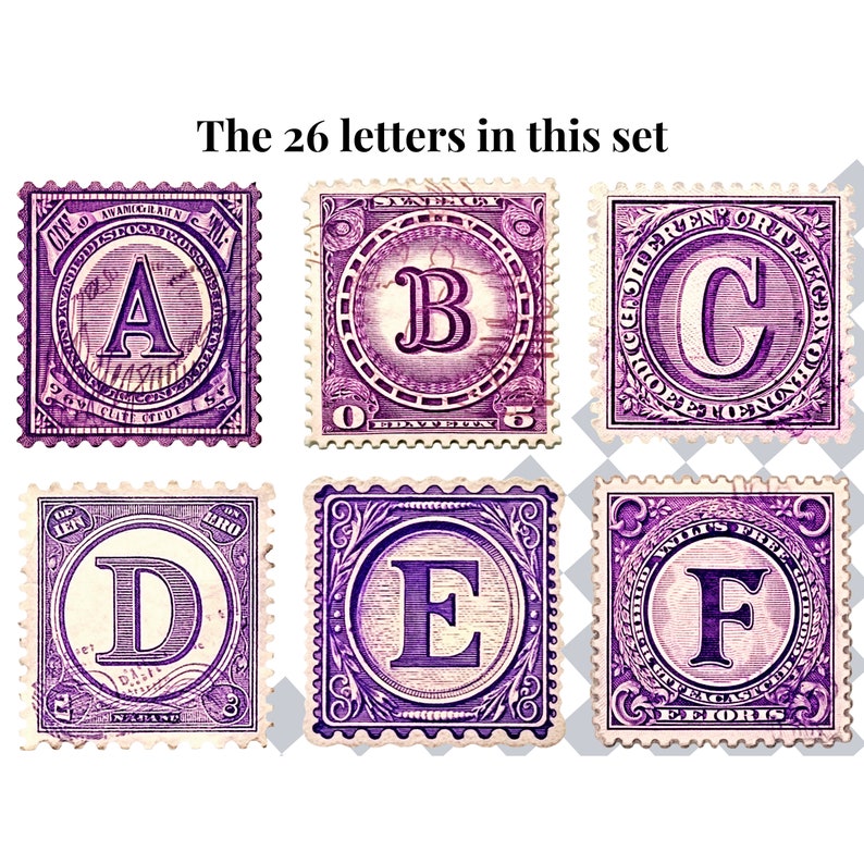 Vintage Purple Postage Stamp Alphabet Clipart: PNG Files (digital ...