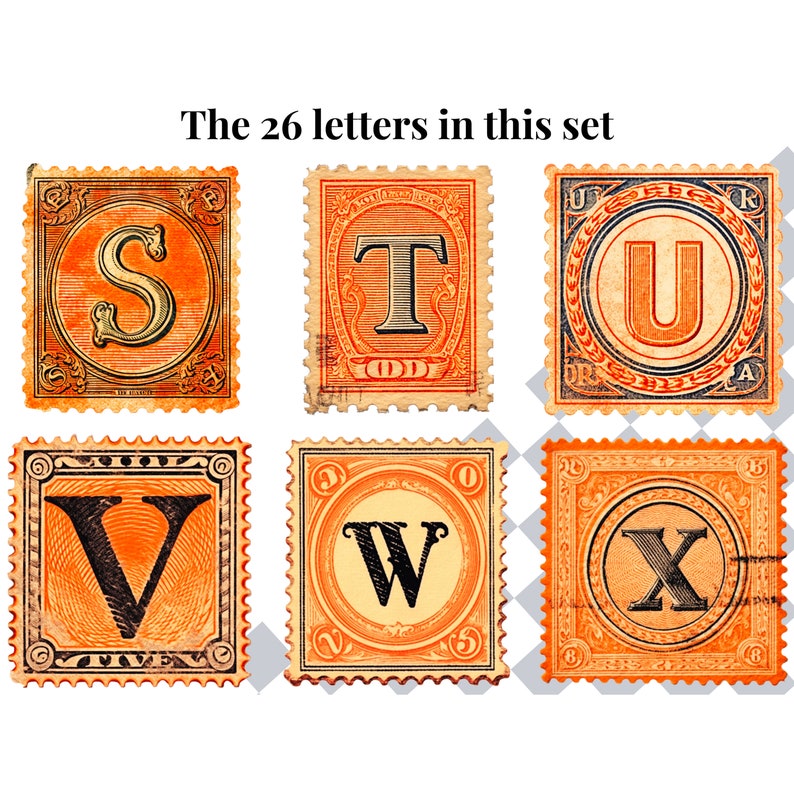 Vintage Orange Postage Stamp Alphabet Clipart: A-Z PNG Files (digital ...