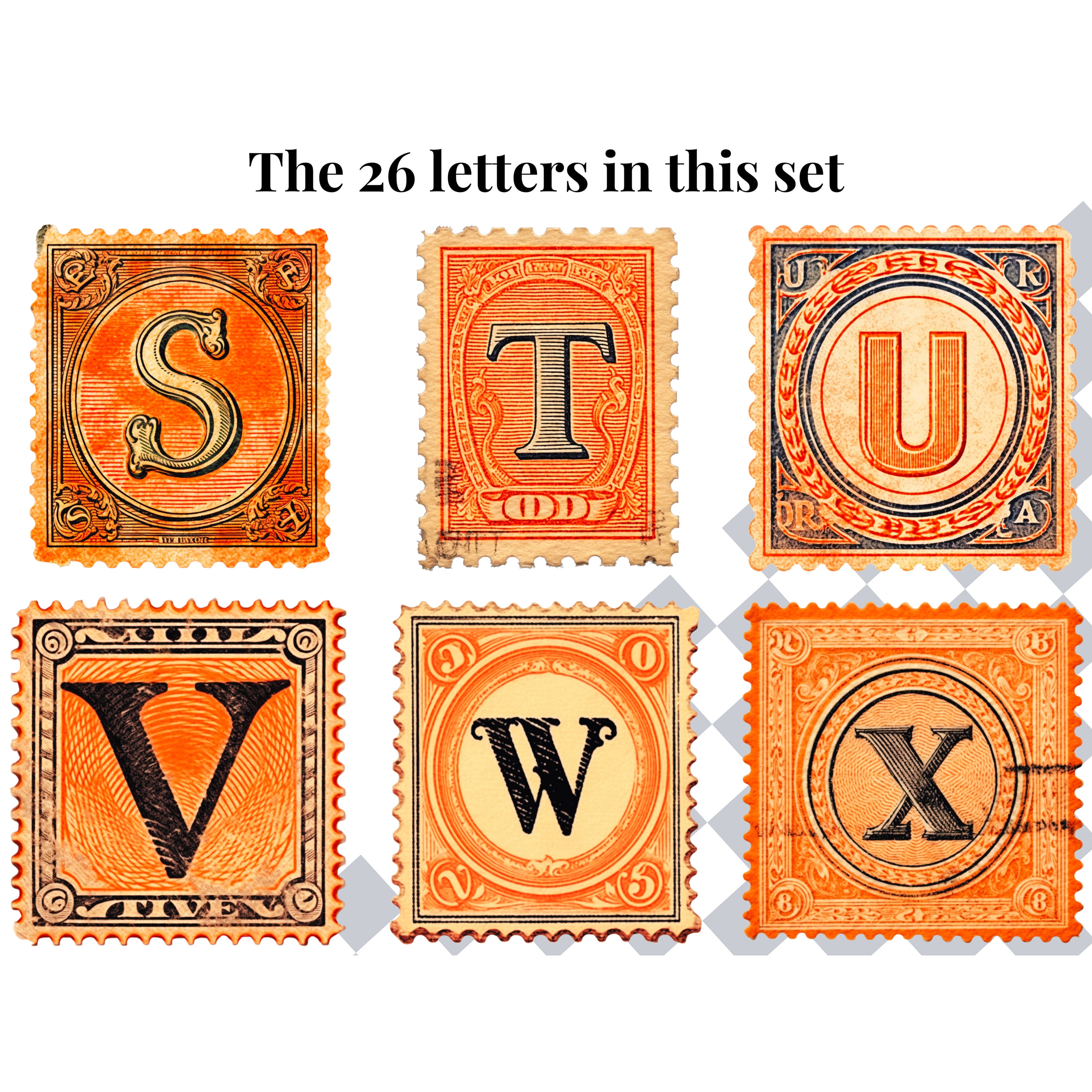 Vintage Orange Postage Stamp Alphabet Clipart: A-Z PNG Files (digital ...