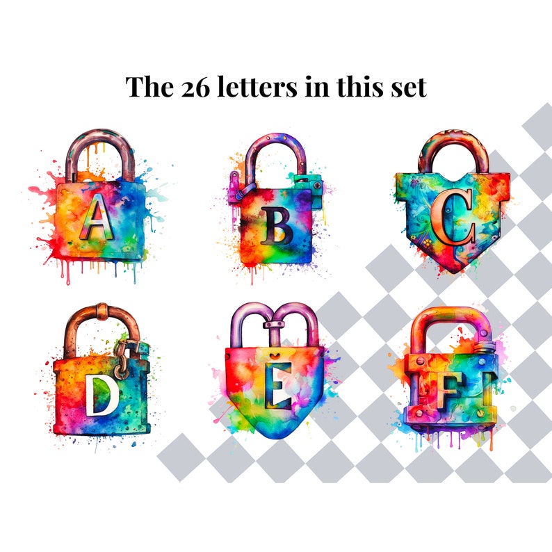 Padlock Clipart Alphabet Letters PNG Files for Watercolor - Etsy