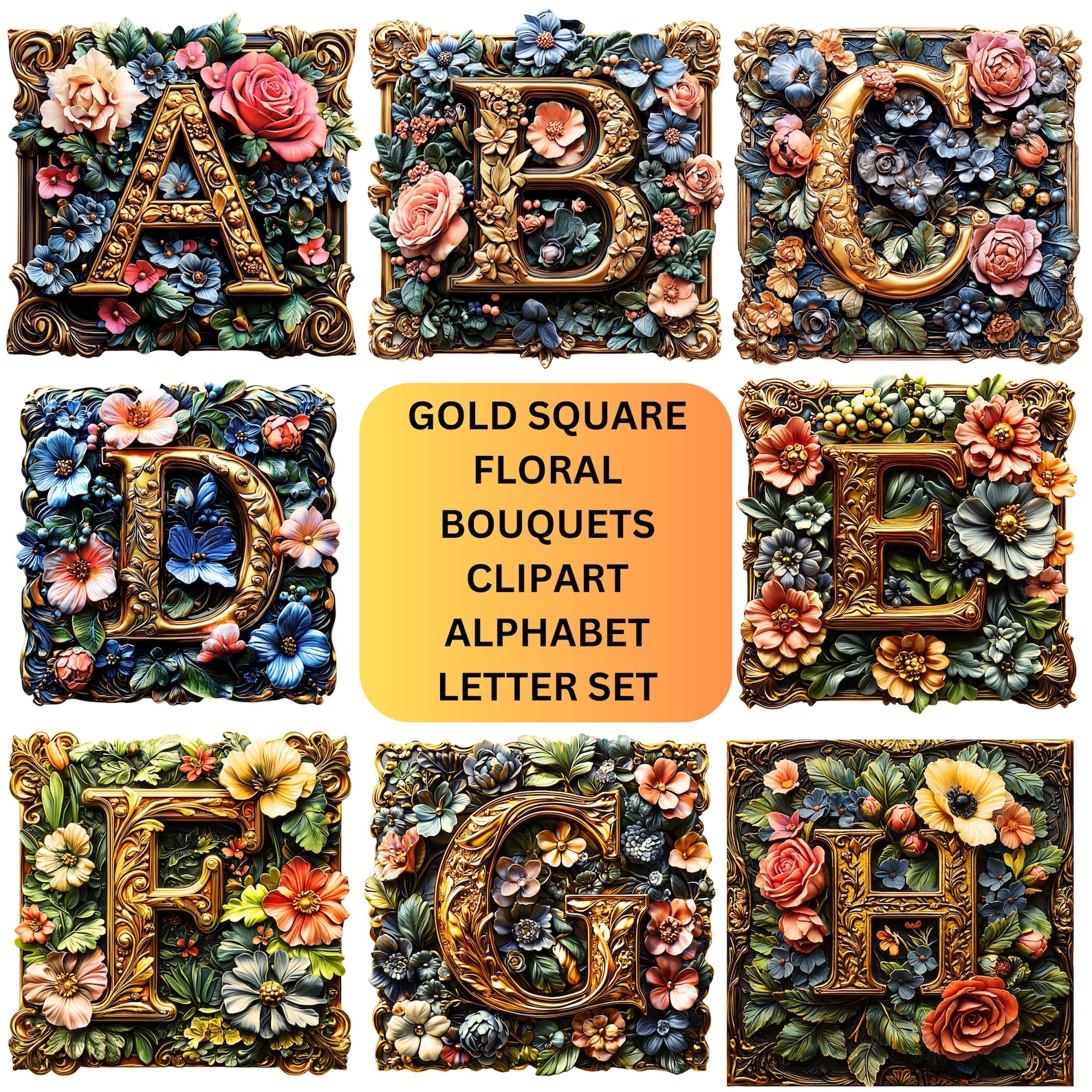 Floral Alphabet Clipart: Gold Flower Letters, Vintage Scrapbook ...