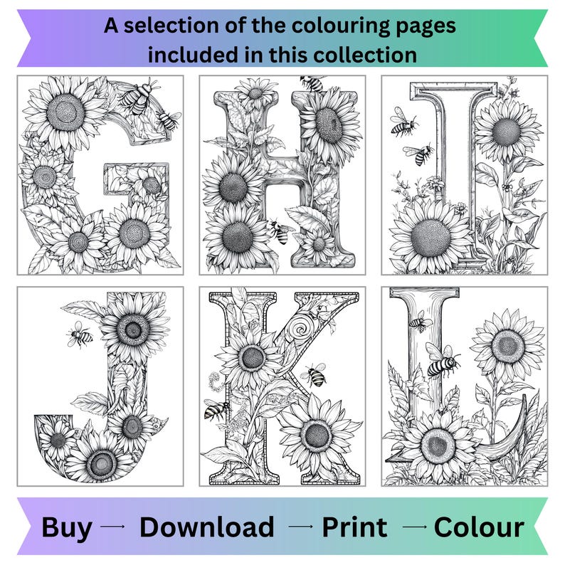 Sunflower Bee Alphabet Coloring Pages: Floral Art, Grayscale (PDF Files ...