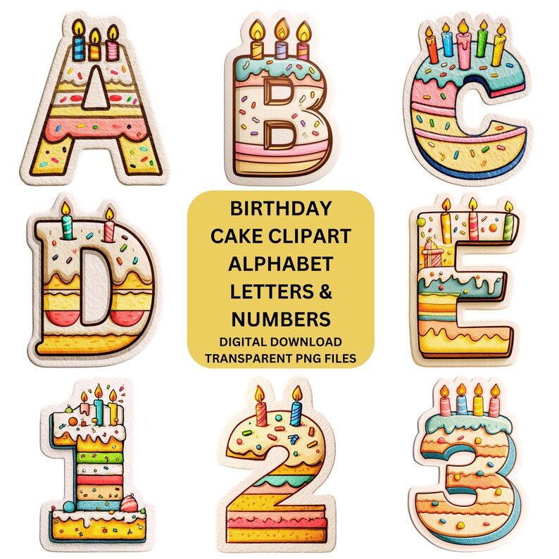 Birthday Cake Clipart Alphabet: Playful Cartoon Letters and Numbers ...