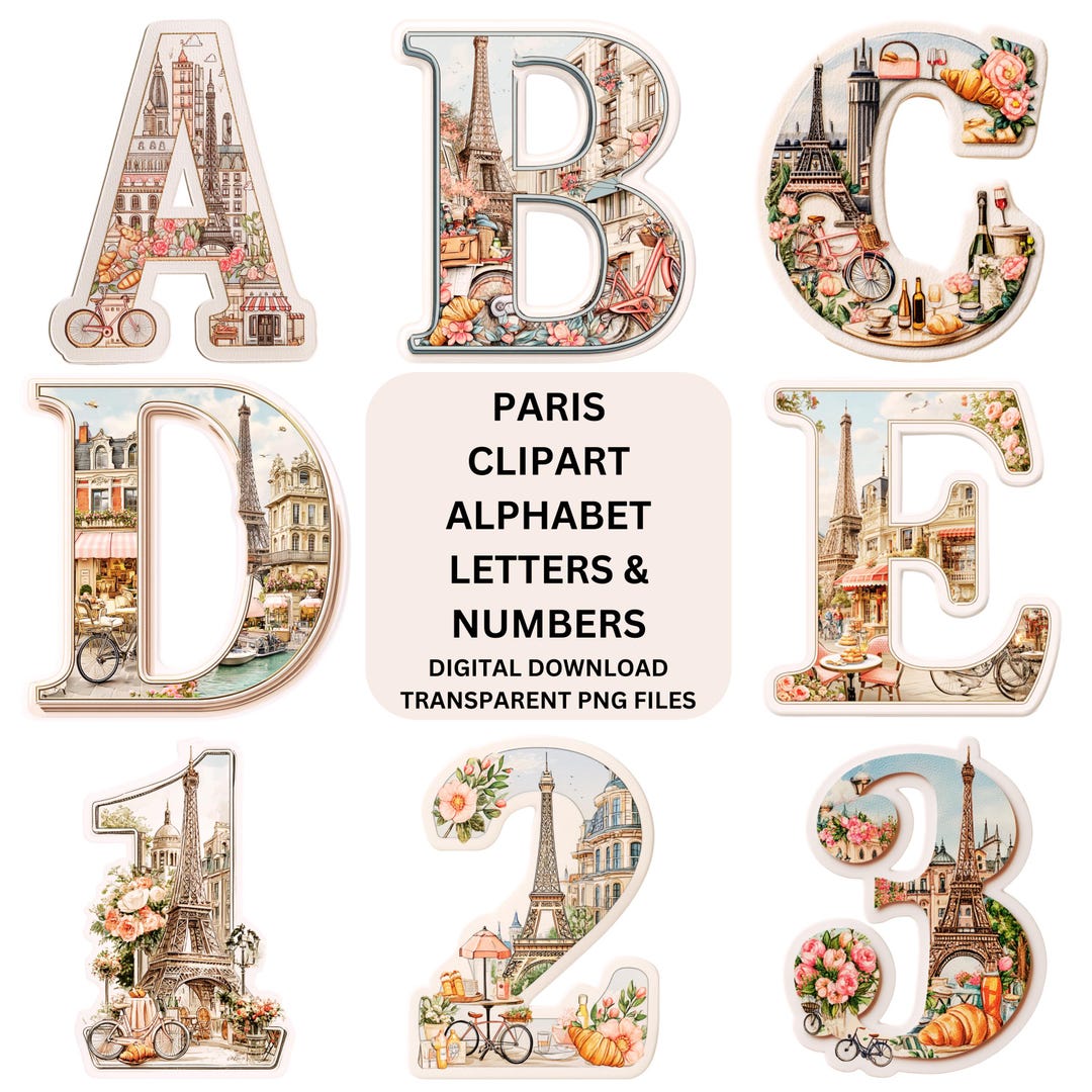 Paris Clipart Alphabet Letters & Numbers | Romantic Parisian PNG Bundle ...