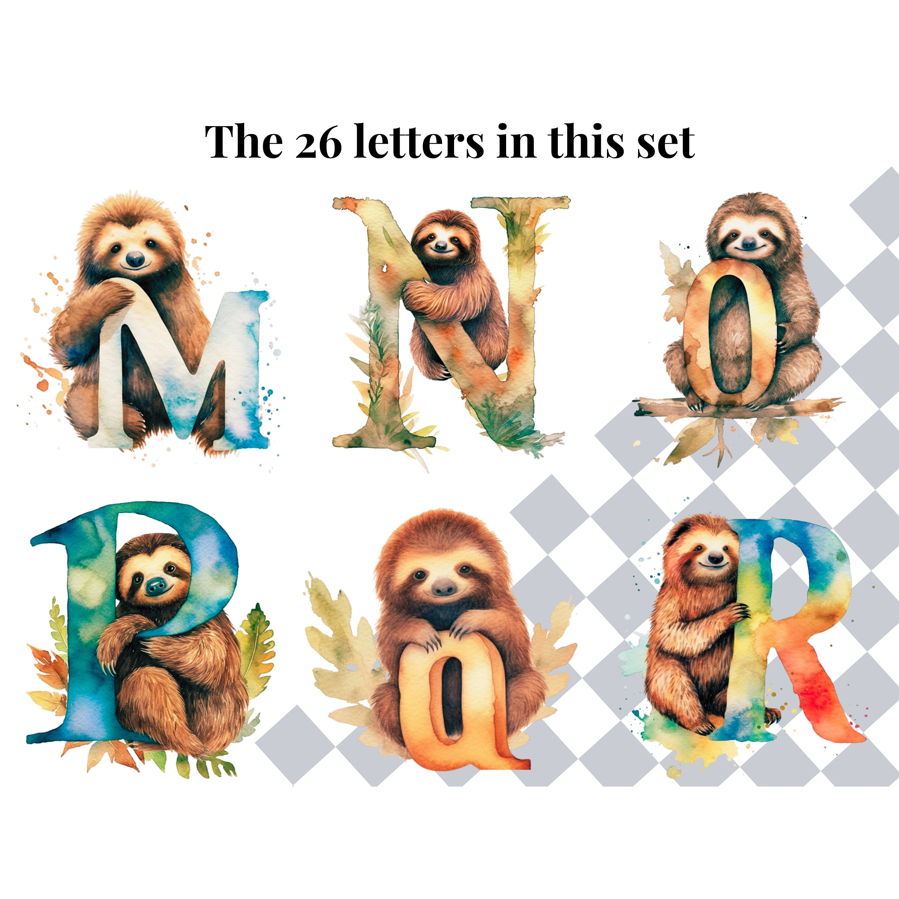 Sloth Clipart Animal Alphabet Watercolor Letters PNG for Cute Fonts ...