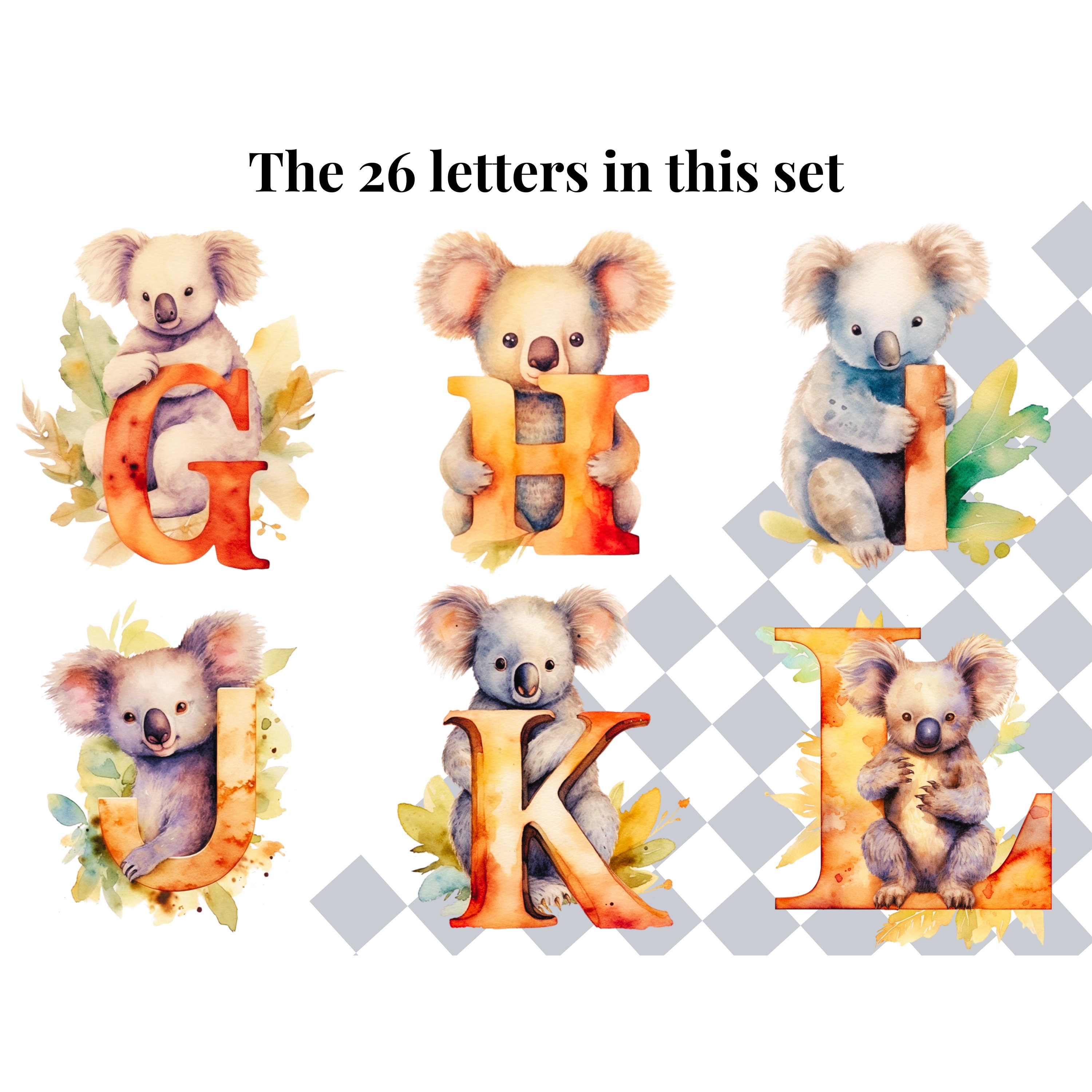 Koala Clipart Animal Alphabet Letters PNG for Instant Download ...