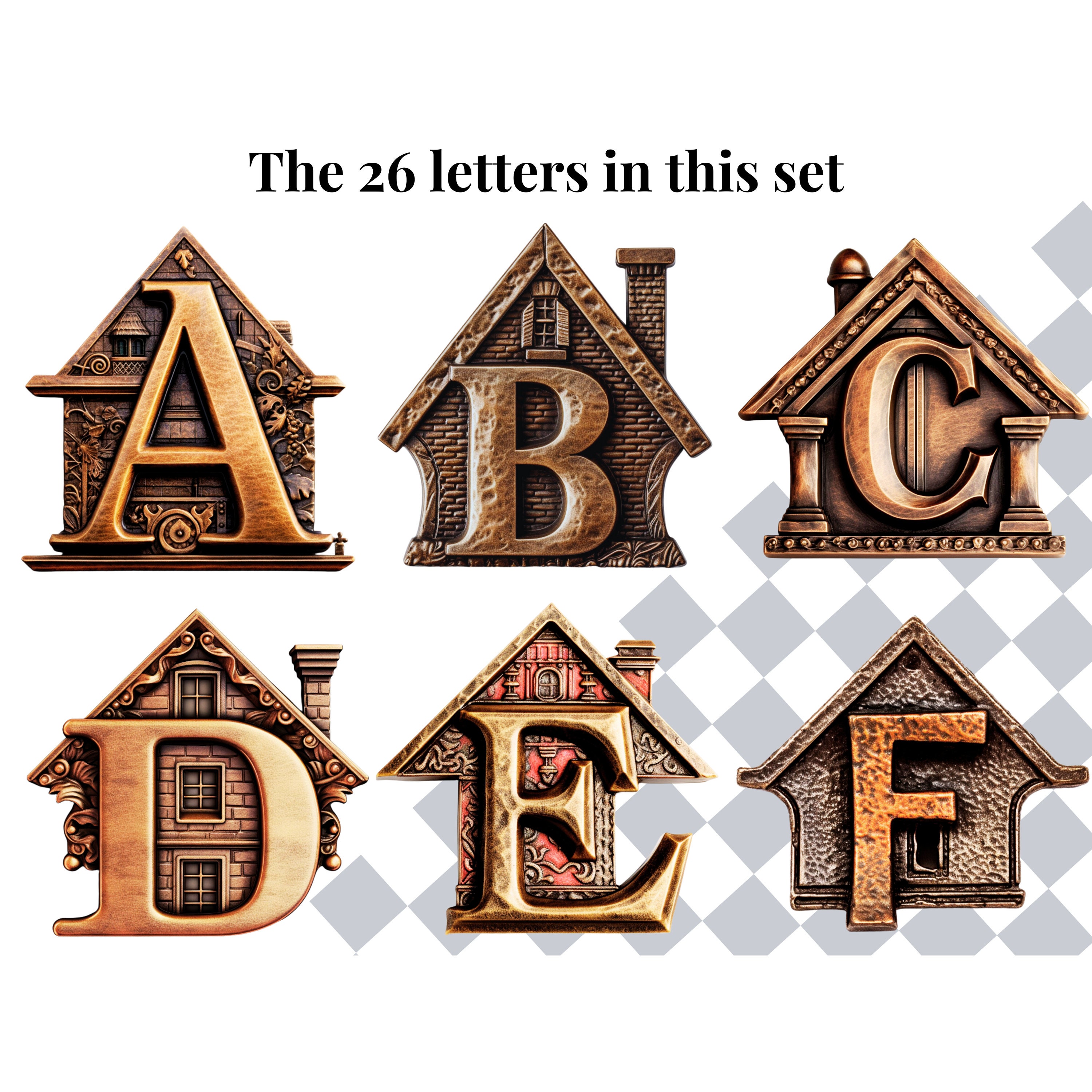 Bronze House Alphabet Clipart: Vintage PNG Letters (digital Download ...