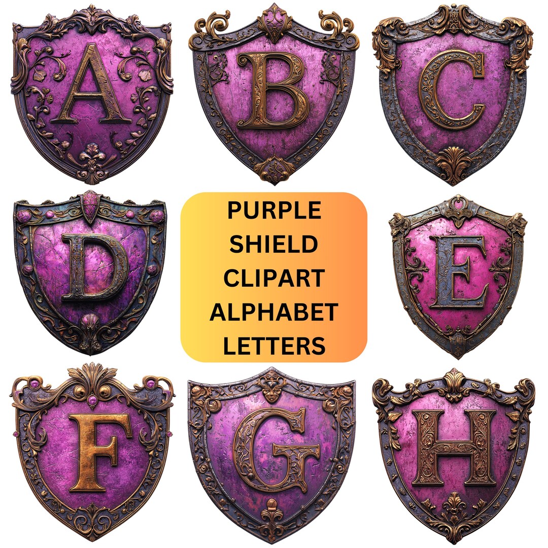 Purple Shield Alphabet Clipart: Medieval Warrior Letters (PNG Digital ...