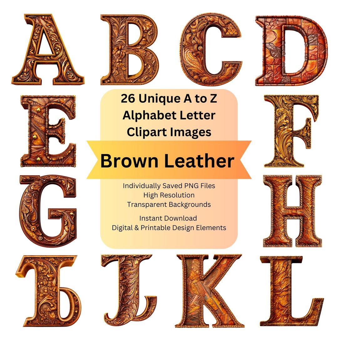 Brown Leather Alphabet Clipart: Vintage Western Letters (PNG Digital ...