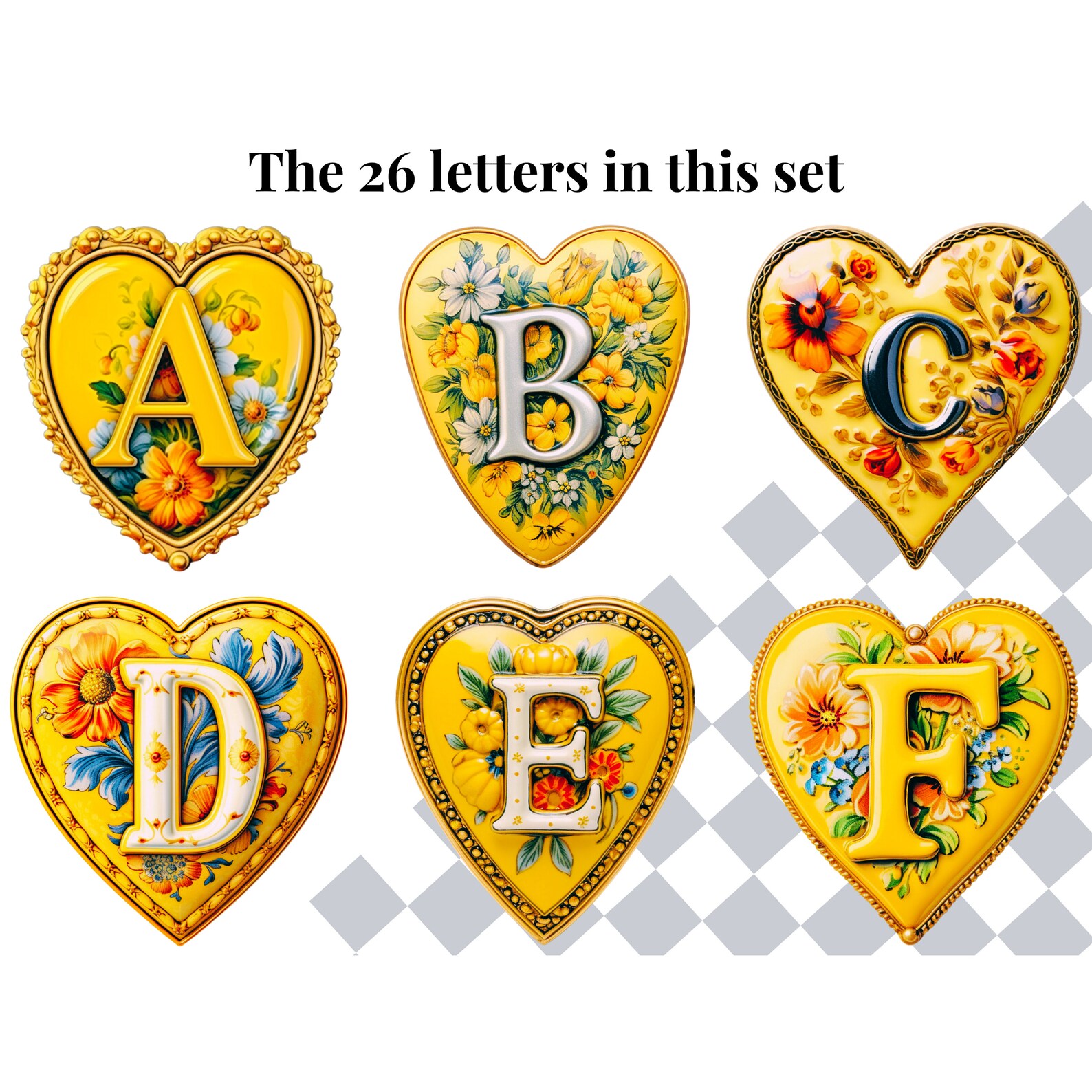Love Heart Clipart Alphabet Letters PNG Files for Yellow Floral Hearts ...