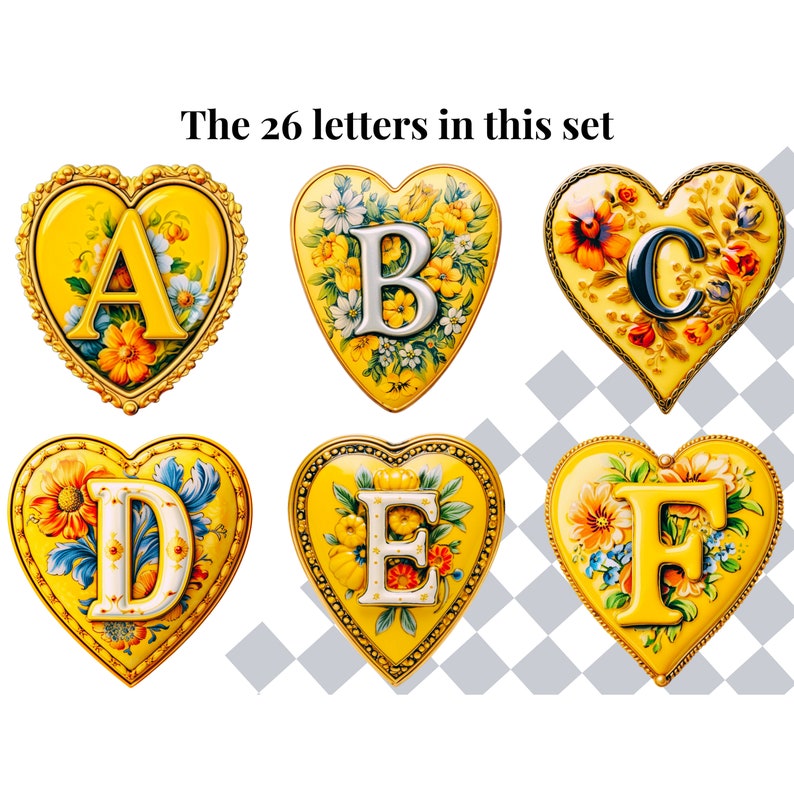 Love Heart Clipart Alphabet Letters PNG Files for Yellow Floral Hearts ...