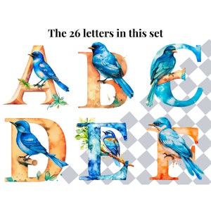 Watercolor Blue Bird Alphabet Clipart: A-Z PNG Bundle (digital Download ...