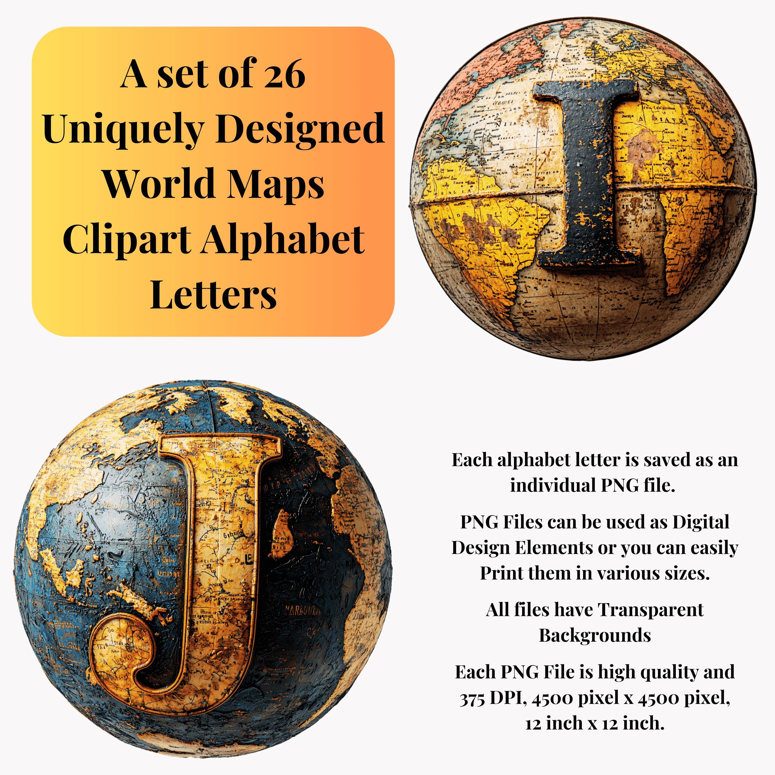 Round World Map Clipart Alphabet Letters, Vintage Geography PNG ...