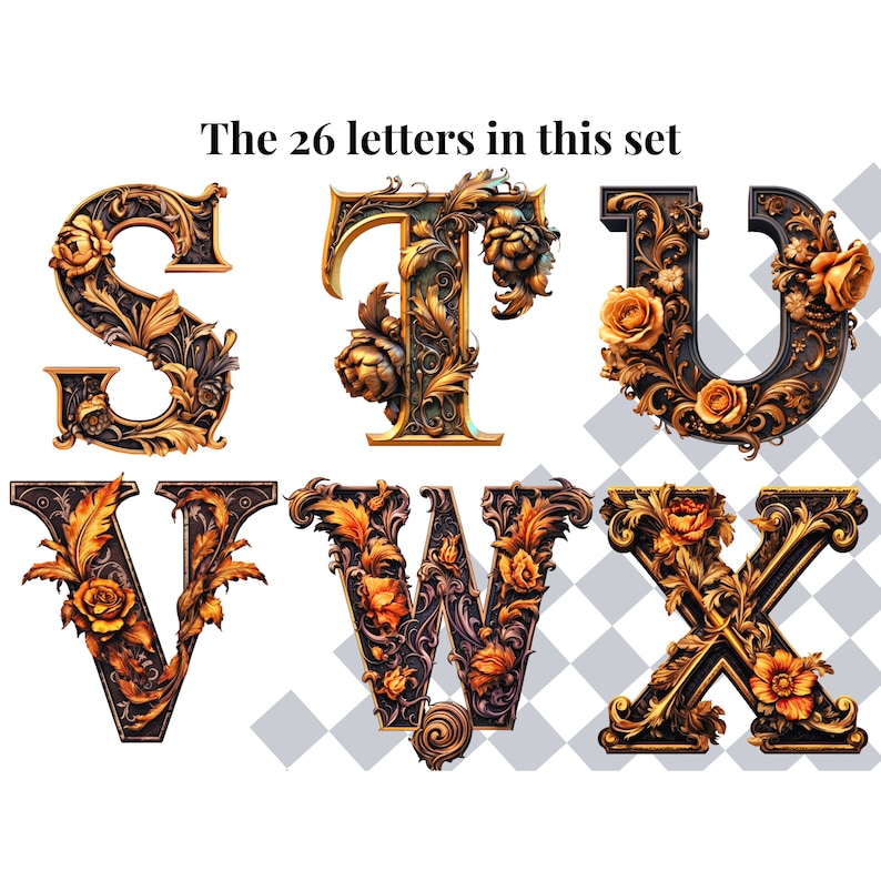 Gothic Gold Floral Alphabet Clipart: Rose Letters (PNG Digital Download ...