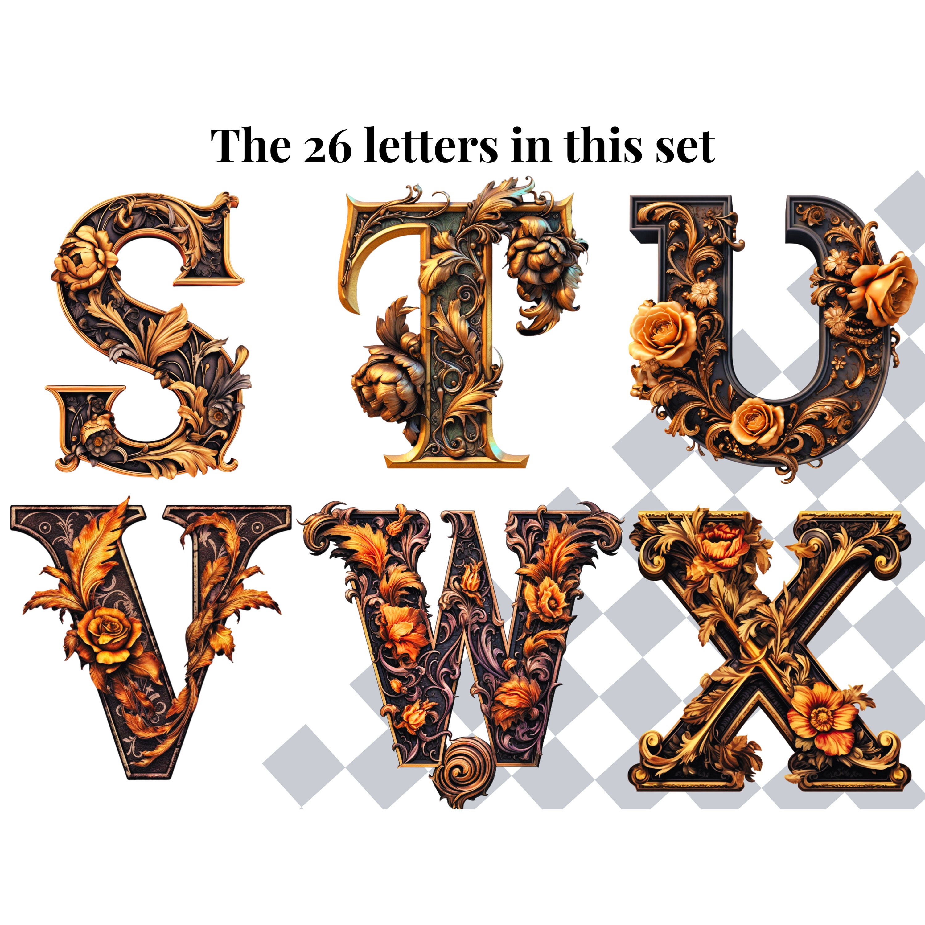 Gothic Clipart Alphabet Letters PNG Files for Gold Rose Floral Digital ...