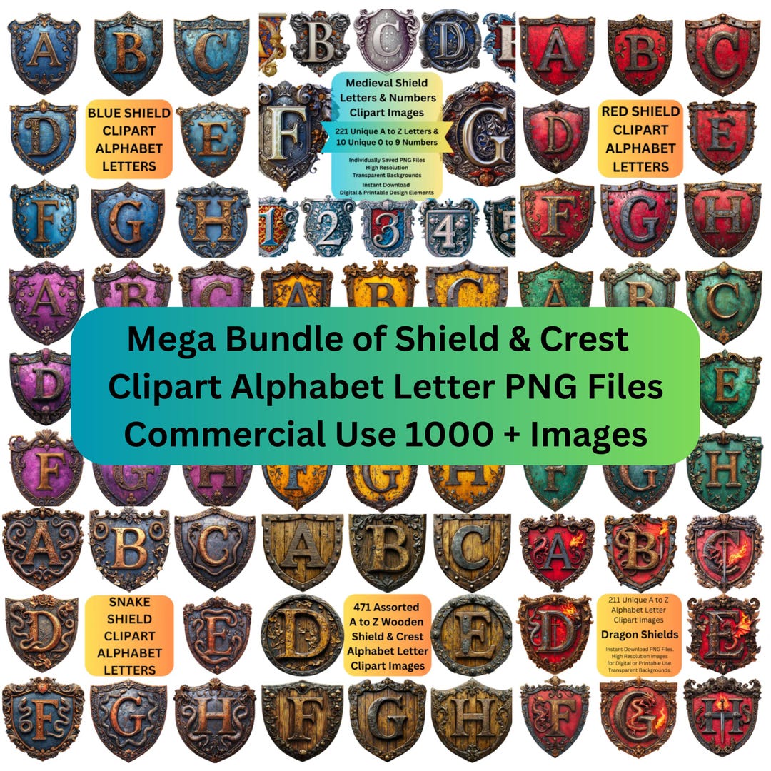 Medieval Shield Alphabet Clipart Bundle: Crest Letters & Numbers (PNG ...