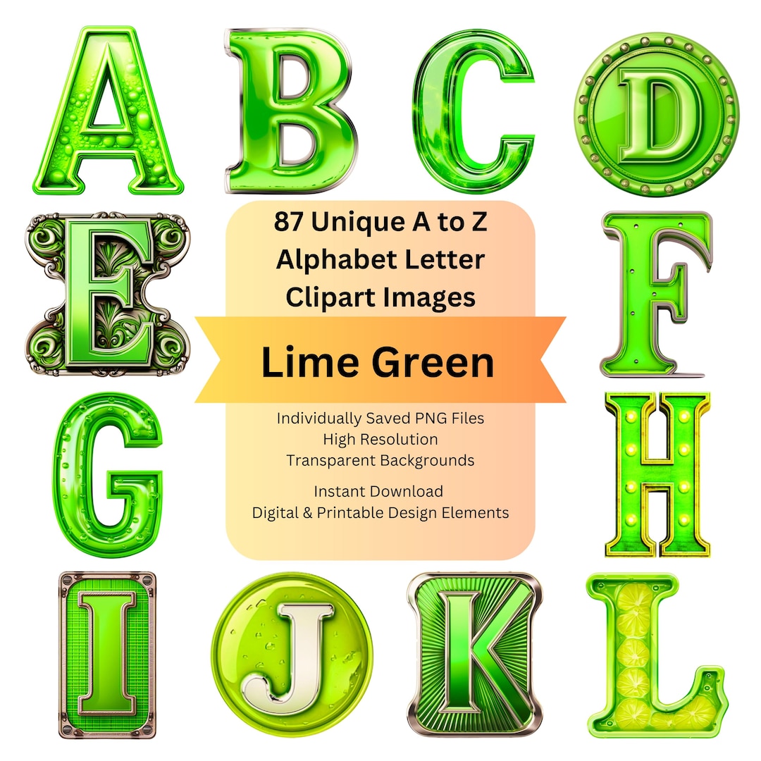 Lime Green Retro Alphabet Clipart: PNG Files (Digital Download) - Etsy ...