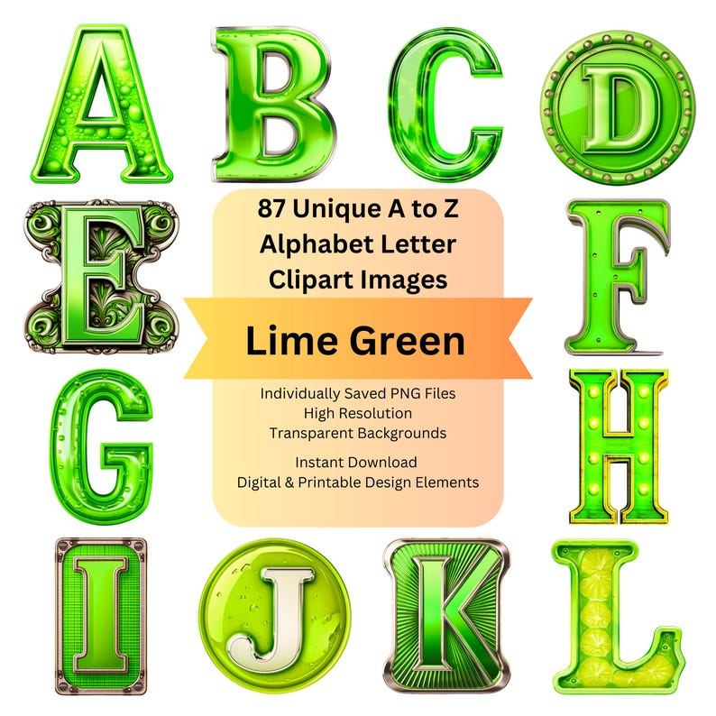 Retro Clipart Alphabet Letters PNG Files for Lime Green Digital ...