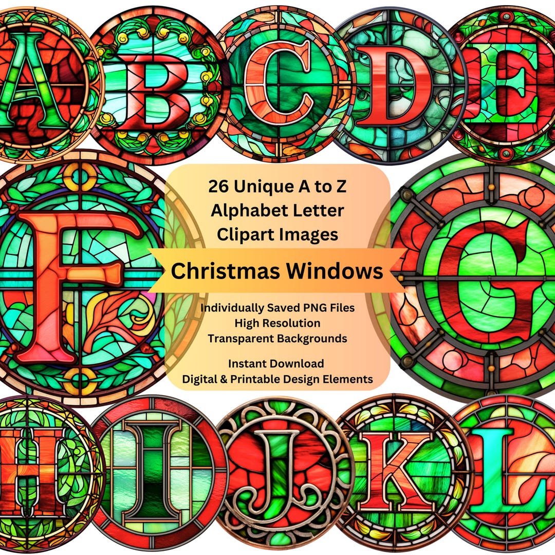 Christmas Stained Glass Alphabet Clipart: A-Z PNG Letters (digital ...
