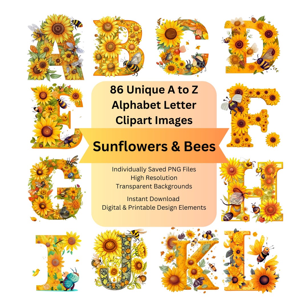 Bee Sunflower Alphabet Clipart: Floral PNG Letters (digital Download ...