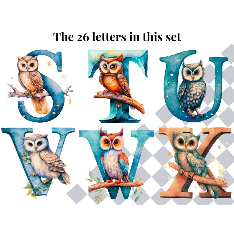 Owl Clipart Alphabet Letters | Bird PNG Fonts | Watercolour Typography ...