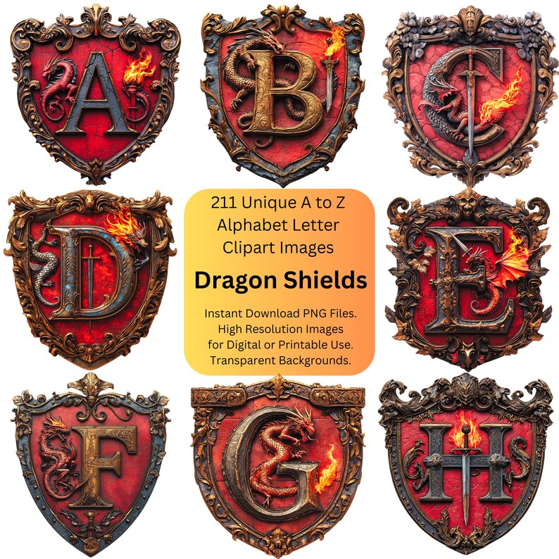 Dragon Clipart Alphabet Letters | Shield PNG Typography | Medieval ...