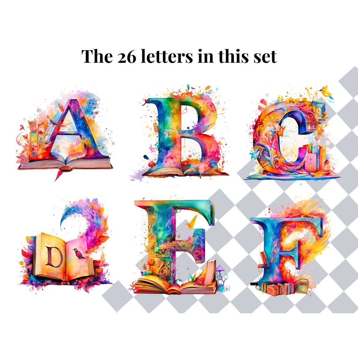 Library Book Clipart Alphabet Letters PNG Files for Watercolor Digital ...