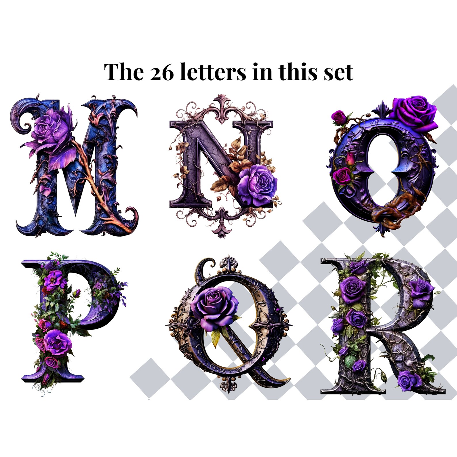 Gothic Clipart Alphabet Letters PNG Files for Purple Rose Floral ...