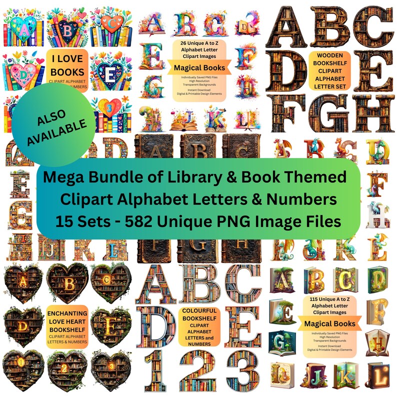 Library Bookshelf Alphabet Clipart | PNG Vintage Letters | Book Themed ...