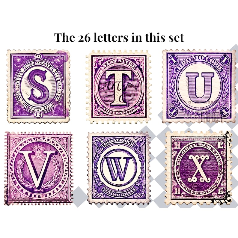 Vintage Purple Postage Stamp Alphabet Clipart: PNG Files (digital ...