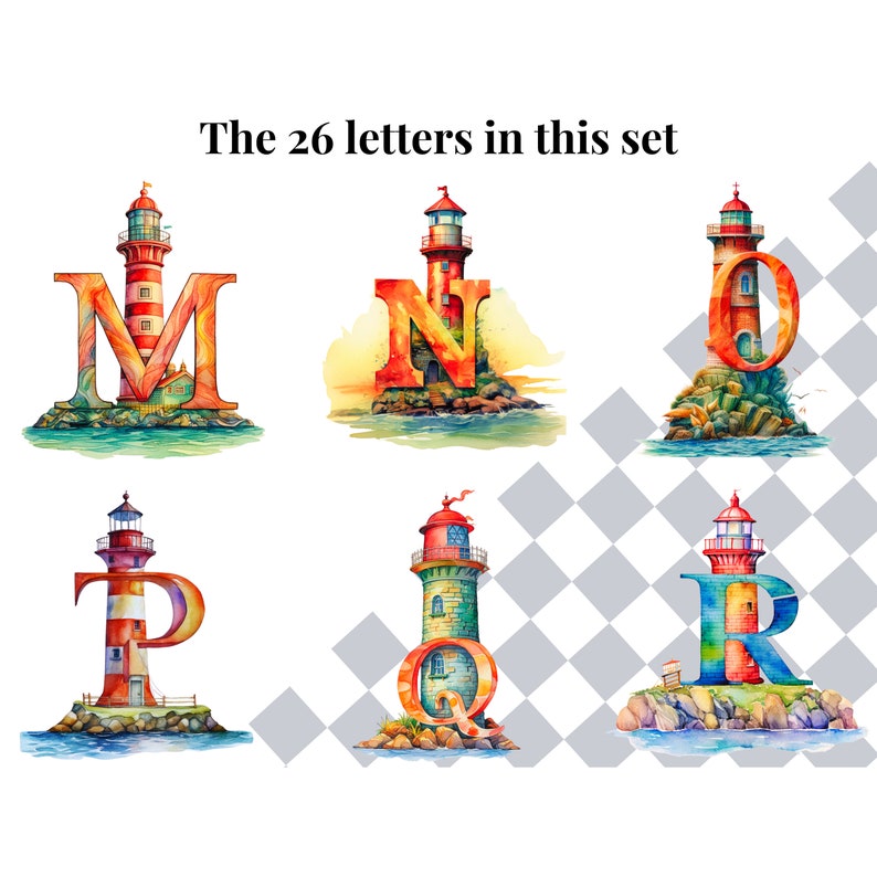 Lighthouse Alphabet Clipart: Watercolor Letters, Scrapbooking (digital ...