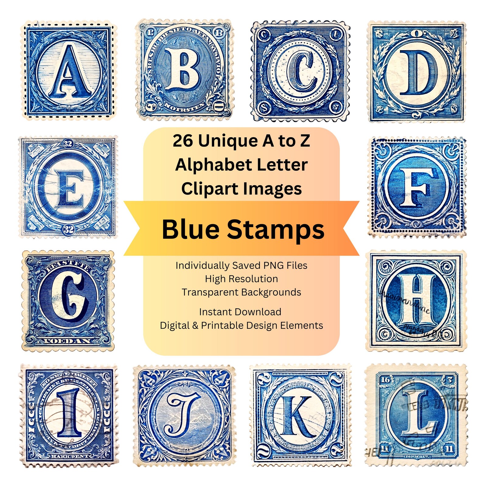 Vintage Blue Postage Stamp Alphabet Clipart: PNG Files (digital ...