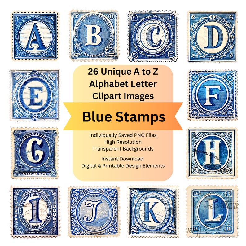 Vintage Blue Postage Stamp Alphabet Clipart: PNG Files (digital ...