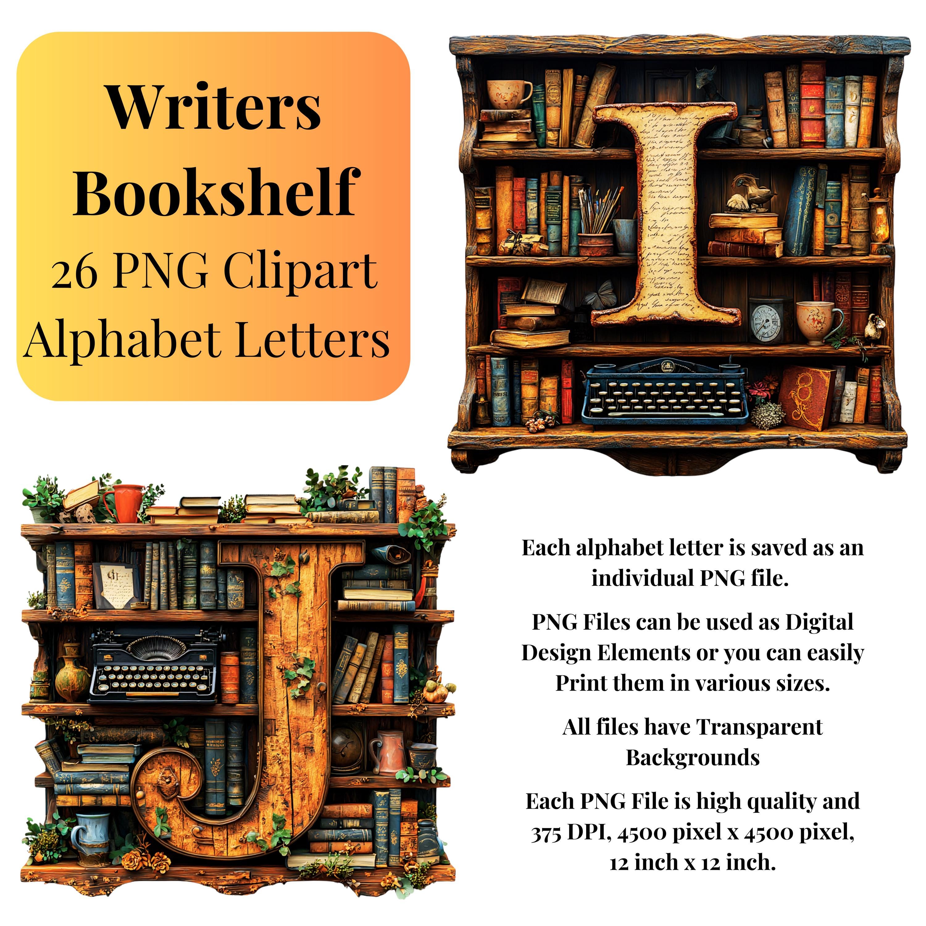 Book Clipart Alphabet Letters | Rustic Bookshelf PNG Images | Library ...