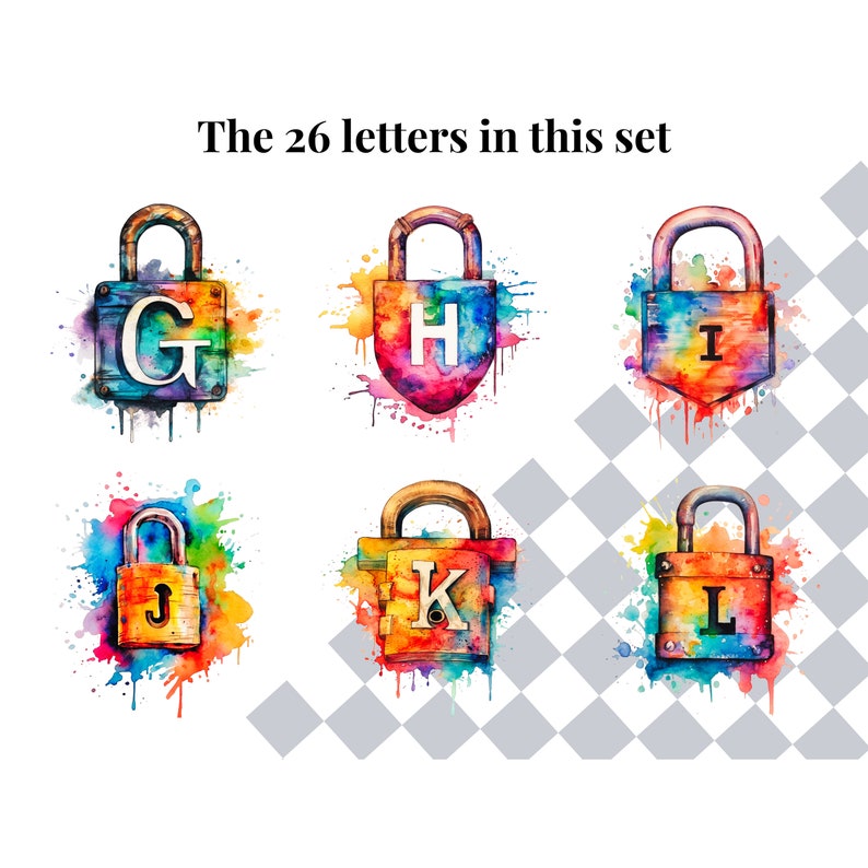 Watercolor Padlock Alphabet Clipart: A-Z PNG Files (digital Download ...