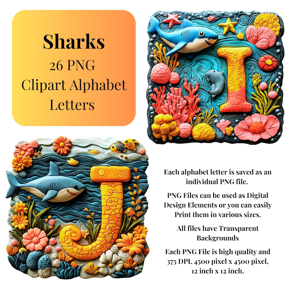 Shark Clipart Alphabet: Ocean Animal Letters PNG Bundle (digital ...