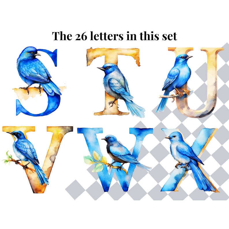 Watercolor Blue Bird Alphabet Clipart: A-Z PNG Bundle (digital Download ...