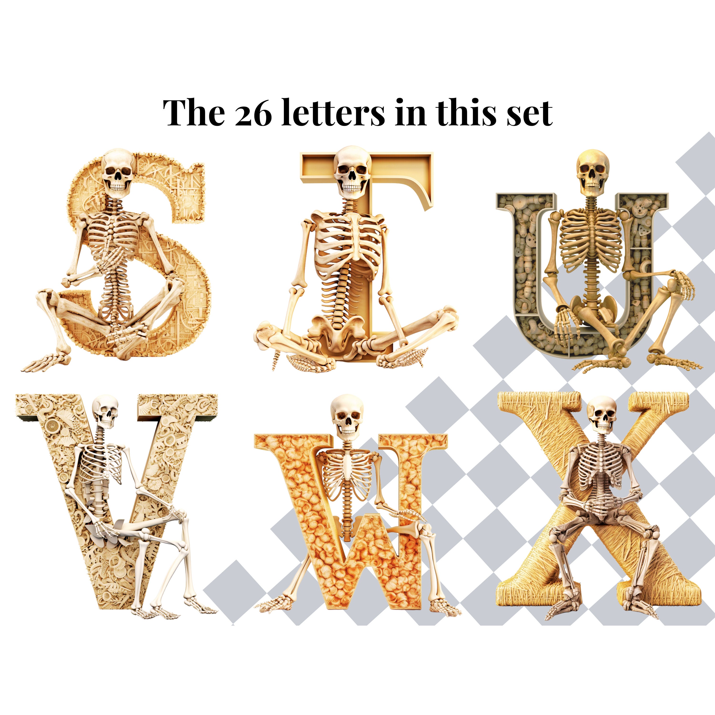 Skeleton PNG Alphabet Letters for Halloween Clipart Bundle, Skeleton ...