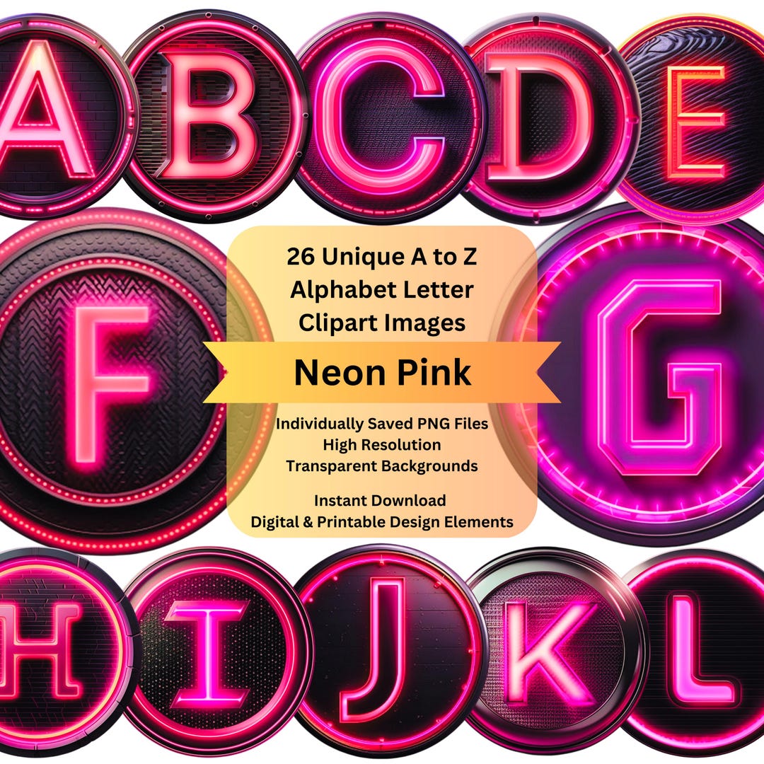 Neon Pink Clipart Letters Alphabet Font PNG Bundle for Digital ...