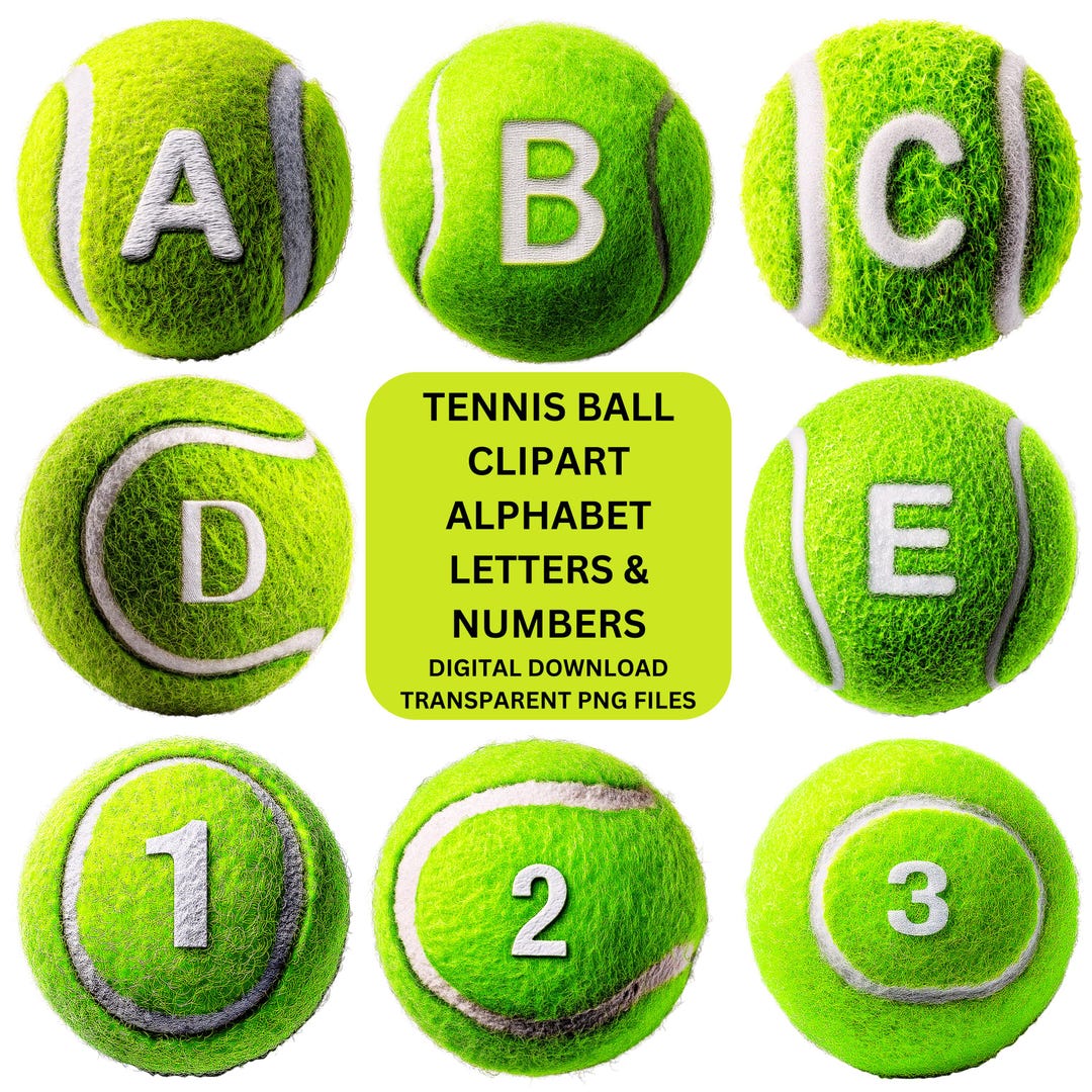Tennis Ball Alphabet Clipart: Sports Letters & Numbers PNG (digital ...