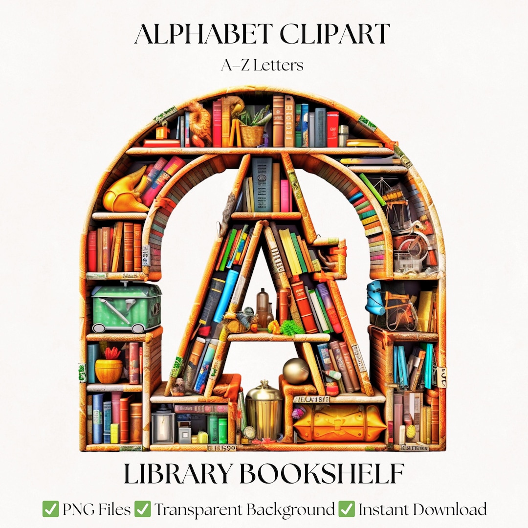 Library Bookshelf Alphabet Clipart | PNG Vintage Letters | Book Themed ...