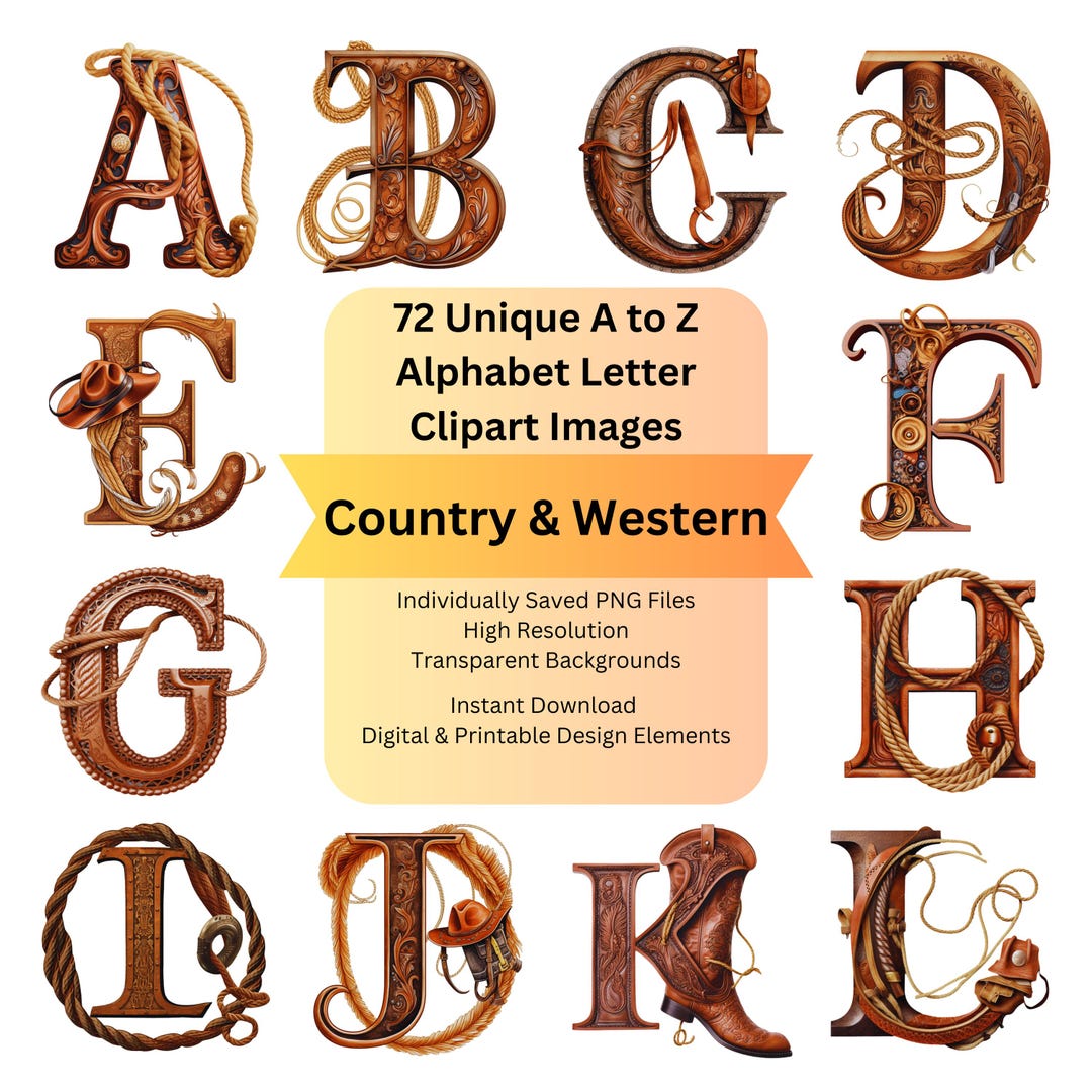 AZ Letters to Print Western Theme Fonts Clipart Alphabet PNG Files for ...