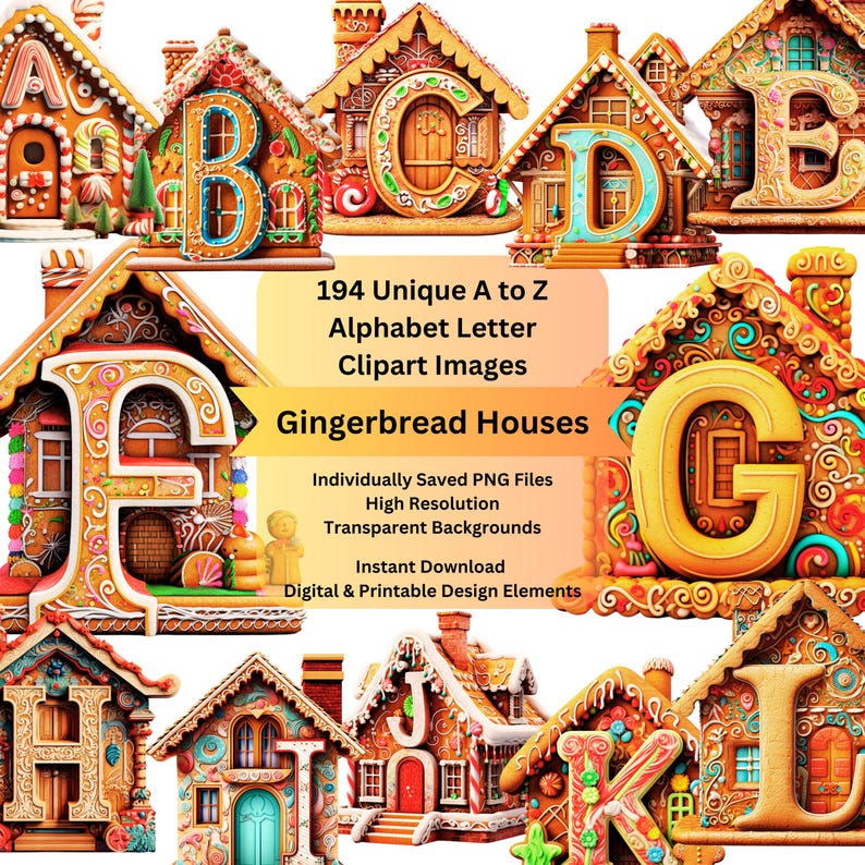 Gingerbread House Alphabet Clipart: Christmas PNG Letters (digital ...