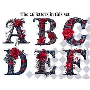 Gothic Clipart Alphabet Letters PNG Files for Red Rose Floral Digital ...