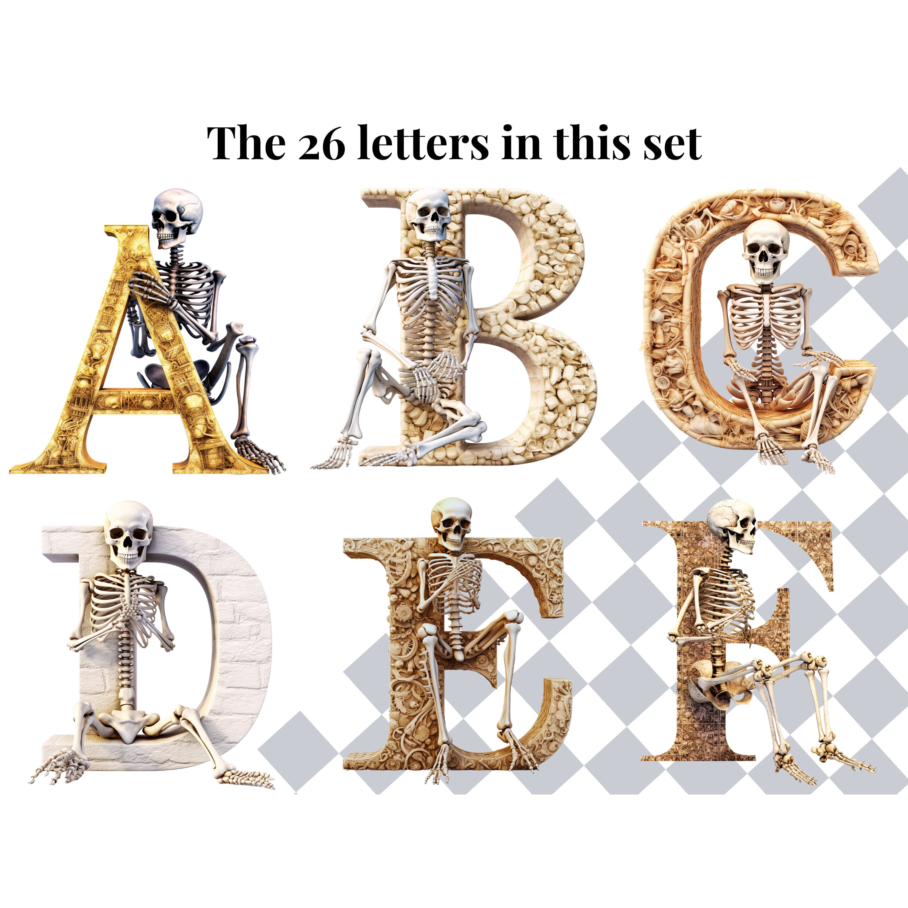 Skeleton PNG Alphabet Letters for Halloween Clipart Bundle, Skeleton ...