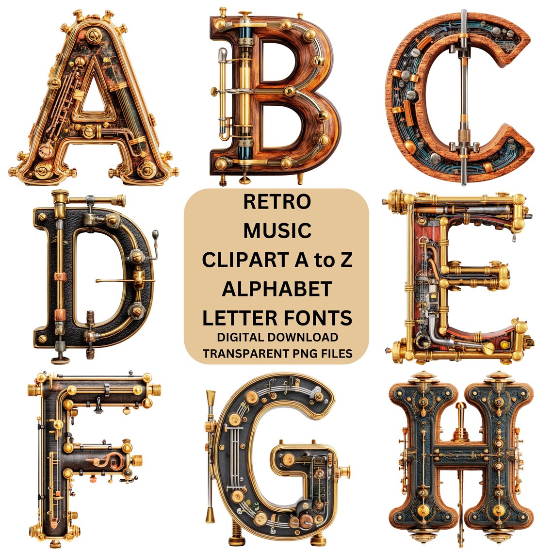 Retro Music Clipart Alphabet: Vintage Musical Font (PNG Digital ...