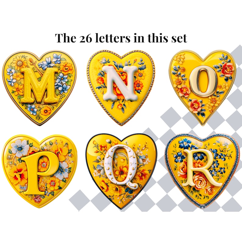 Love Heart Clipart Alphabet Letters PNG Files for Yellow Floral Hearts ...
