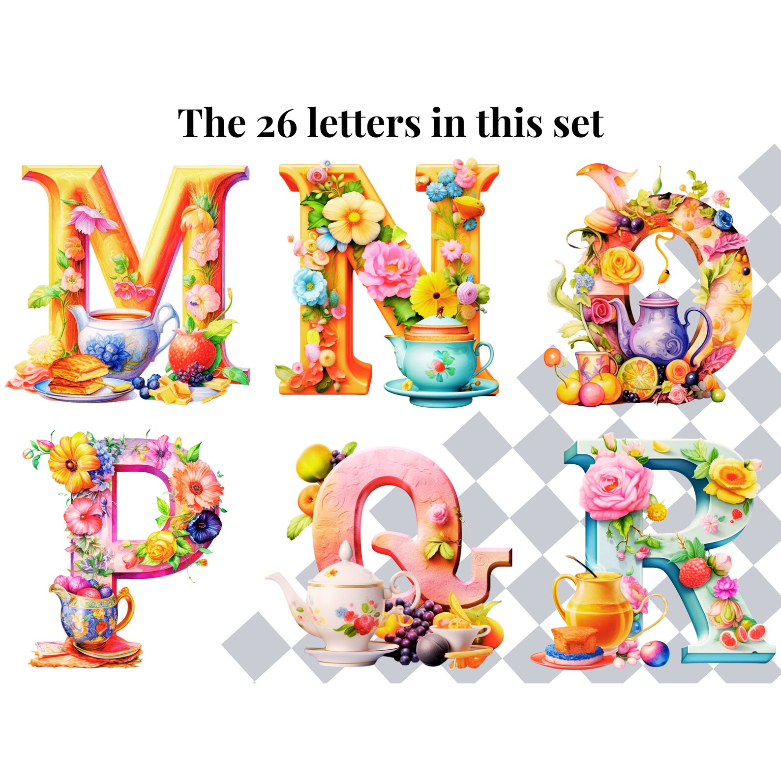 Floral Alphabet Tea Party Letters PNG for Pastel Clipart Vintage ...